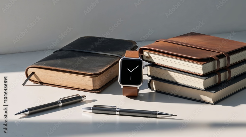 Modern Smartwatch and Leather Notebook Setup on a Sunlit Desk for ...