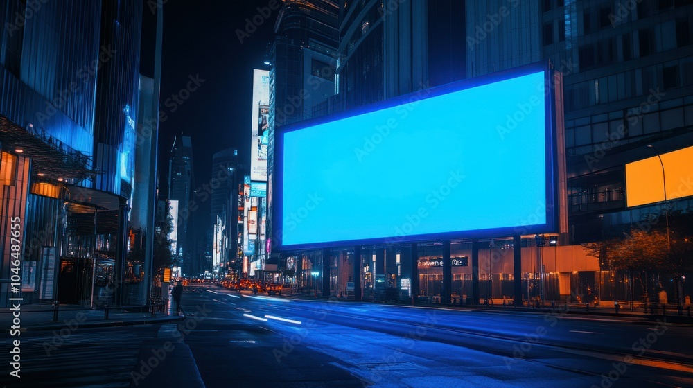 Big blue screen billboard on cyberpunk neon night city street mockup ...