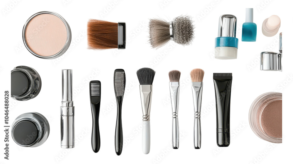 Arrangement of various makeup tools and cosmetics including brushes ...