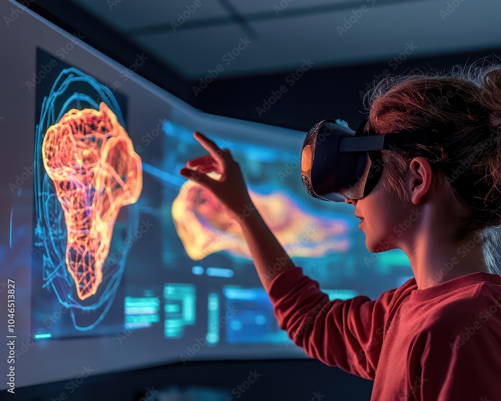 Teacher and student using interactive 3D model on screen, immersive ...