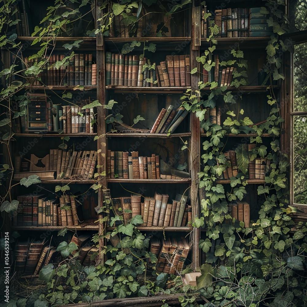 Overgrown Bookshelf in Abandoned Library: A Vintage Collection Surrounded by Lush Ivy and ...