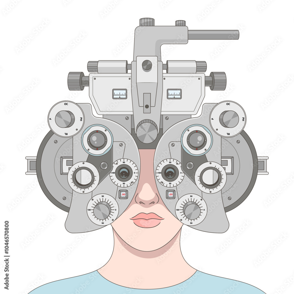 person undergoing a vision test with a phoropter, used in optometry to ...