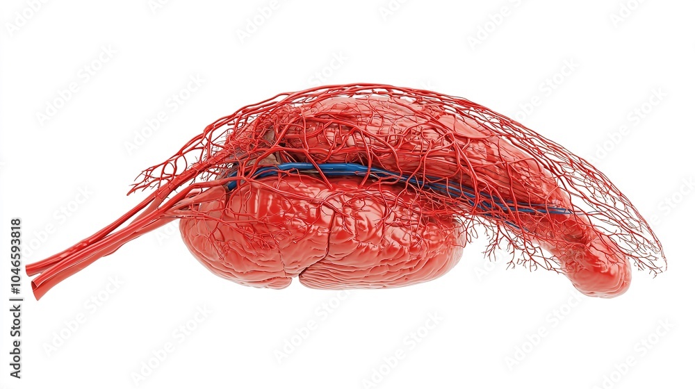 Anatomy of the pancreas with ducts and blood vessels in a clear ...