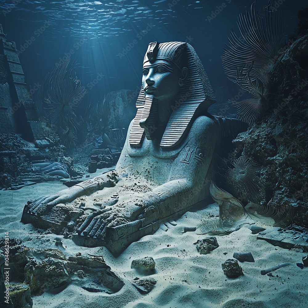 Underwater sphinx ruins, half-buried in seafloor sand, mysterious ...