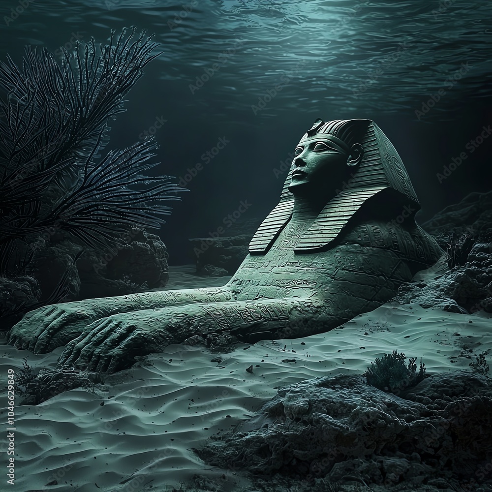 Underwater sphinx ruins, half-buried in seafloor sand, mysterious ...