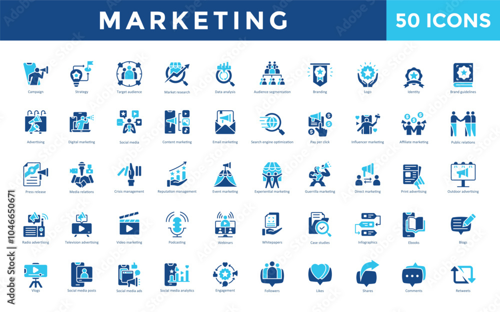 Marketing icon set with campaign, strategy, target audience, market ...