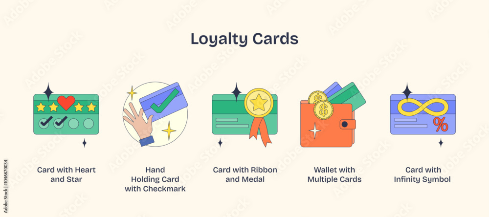 Loyalty cards with icons like heart, checkmark, and infinity symbolize ...