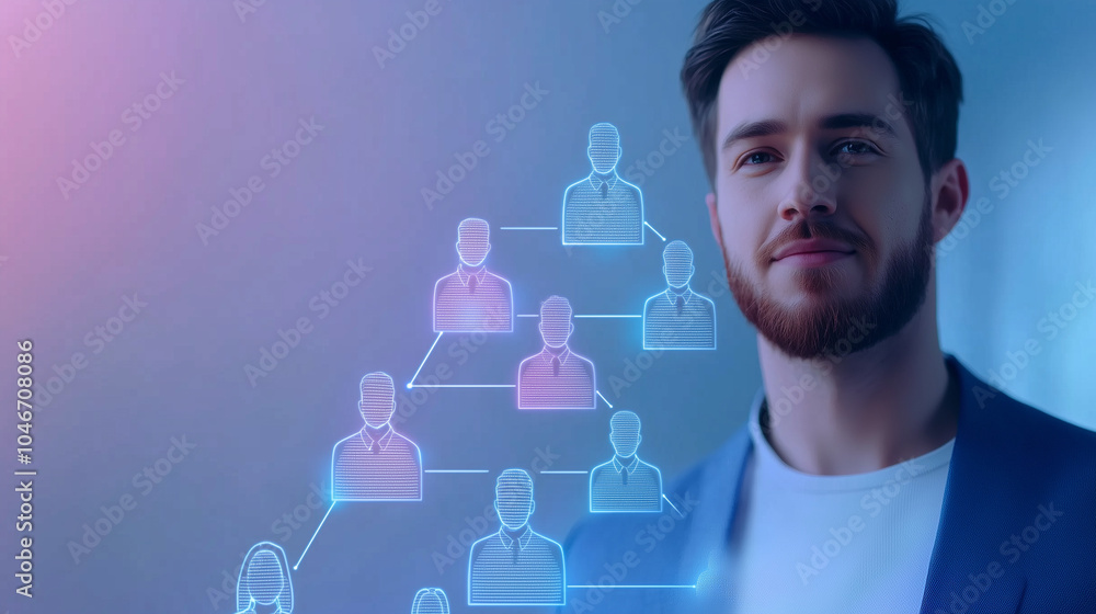 HR department presenting a hierarchical chart, with an employee glowing ...