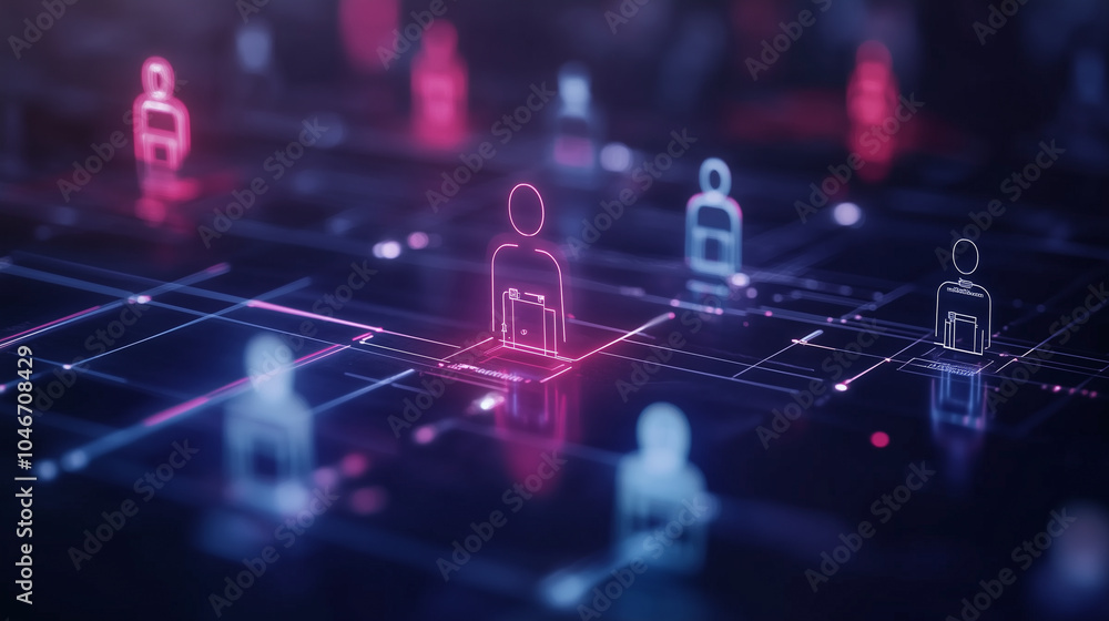 Employee avatars arranged on a floating holographic organizational ...