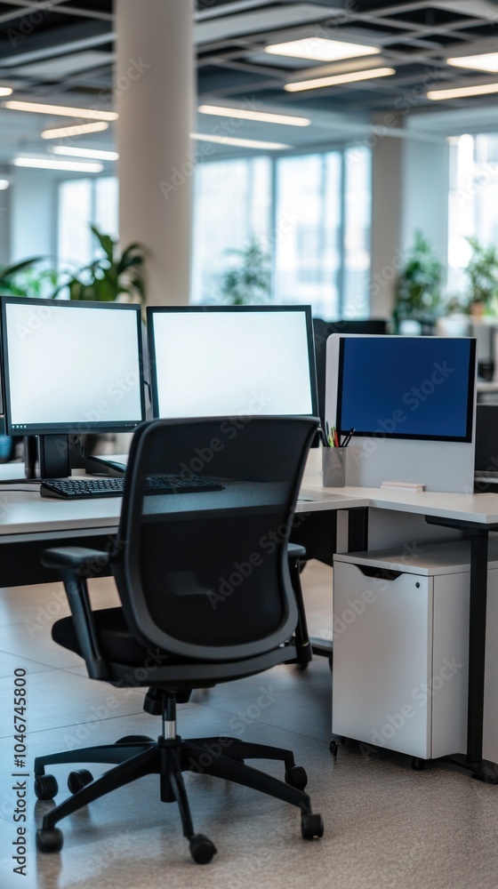 Professional office setup with empty ad space on screens and bulletin ...