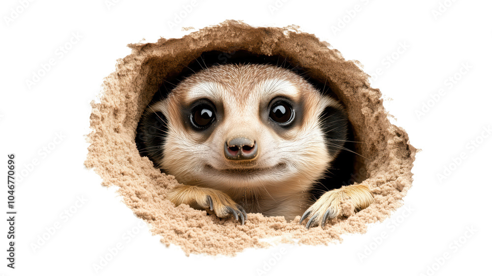 Curious meerkat peeking out from its burrow, showcasing its adorable ...