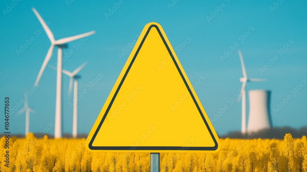 Caution ahead a bright yellow warning sign stands amidst wind turbines ...