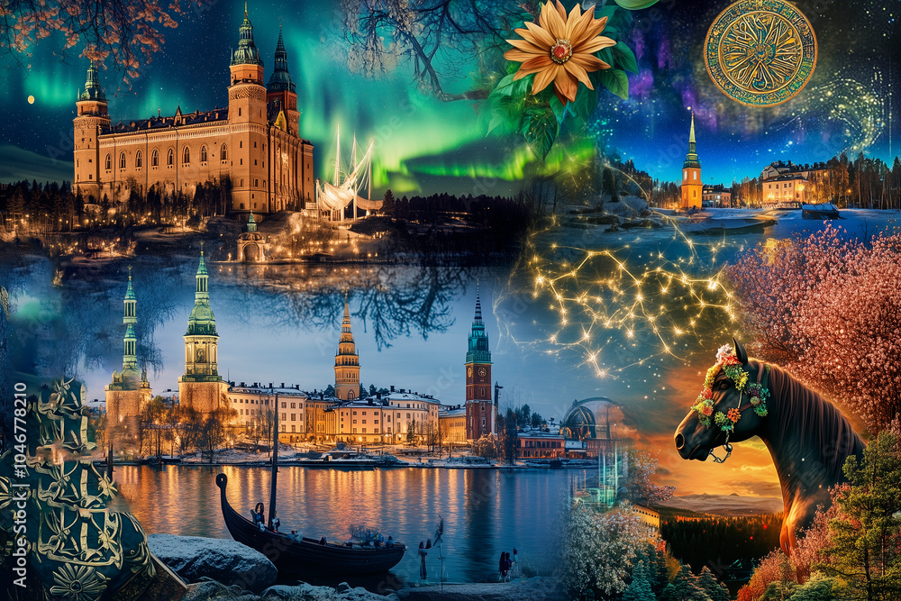 A cultural collage for Sweden, featuring the Stockholm City Hall, a ...