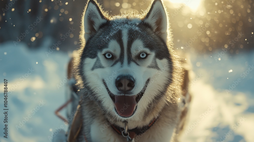 Energetic Siberian Husky dog pulling a sled through a snowy landscape ...