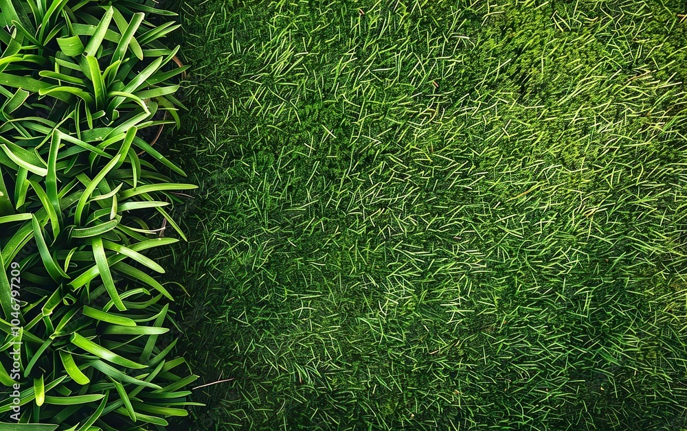 Partially mowed lawn, half cut grass with a strip. Drone shot, copy ...