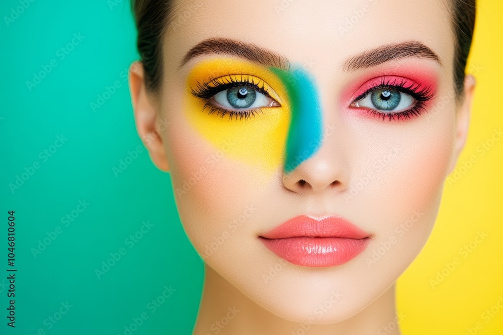 Woman with colorful makeup on her face. The colors are yellow, green ...