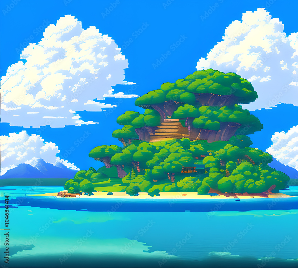 8-bit game Pixel art landscape with a dome on top of a cliff ...