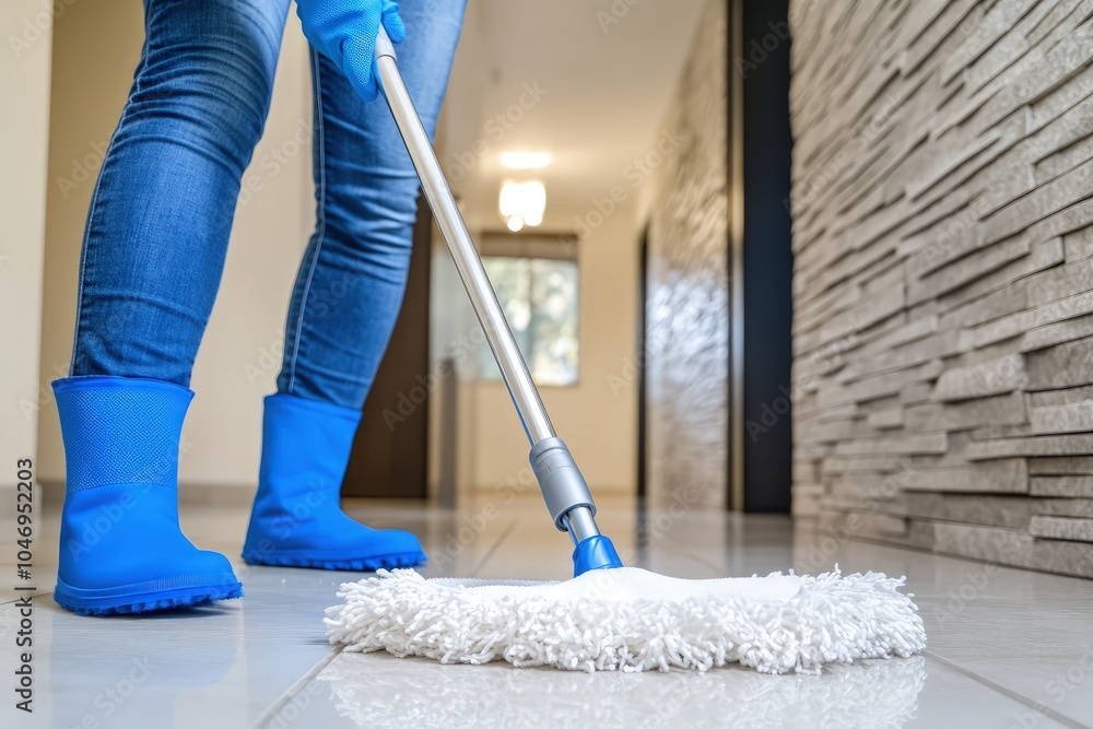 Professional Woman in Blue Jeans Cleaning Hallway Floor with Rag and ...