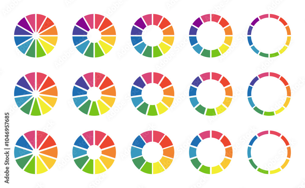 Donut charts, pies segmented on 10, 11, 12 equal parts. Wheels divided in sections. Diagrams ...