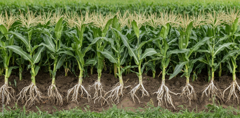 Healthy corn plants with visible roots shown above and below the ...