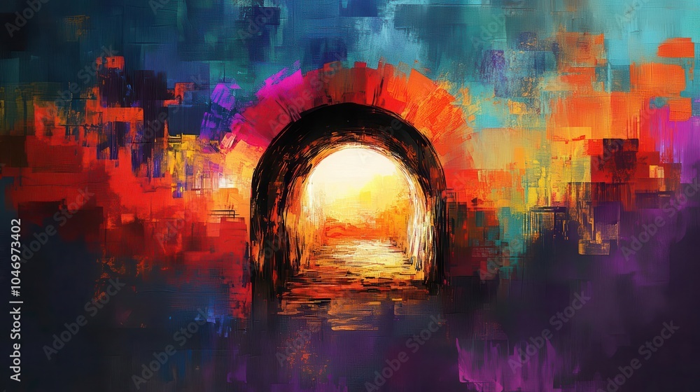 colorful abstract art depicting the empty tomb of jesus, conveying ...