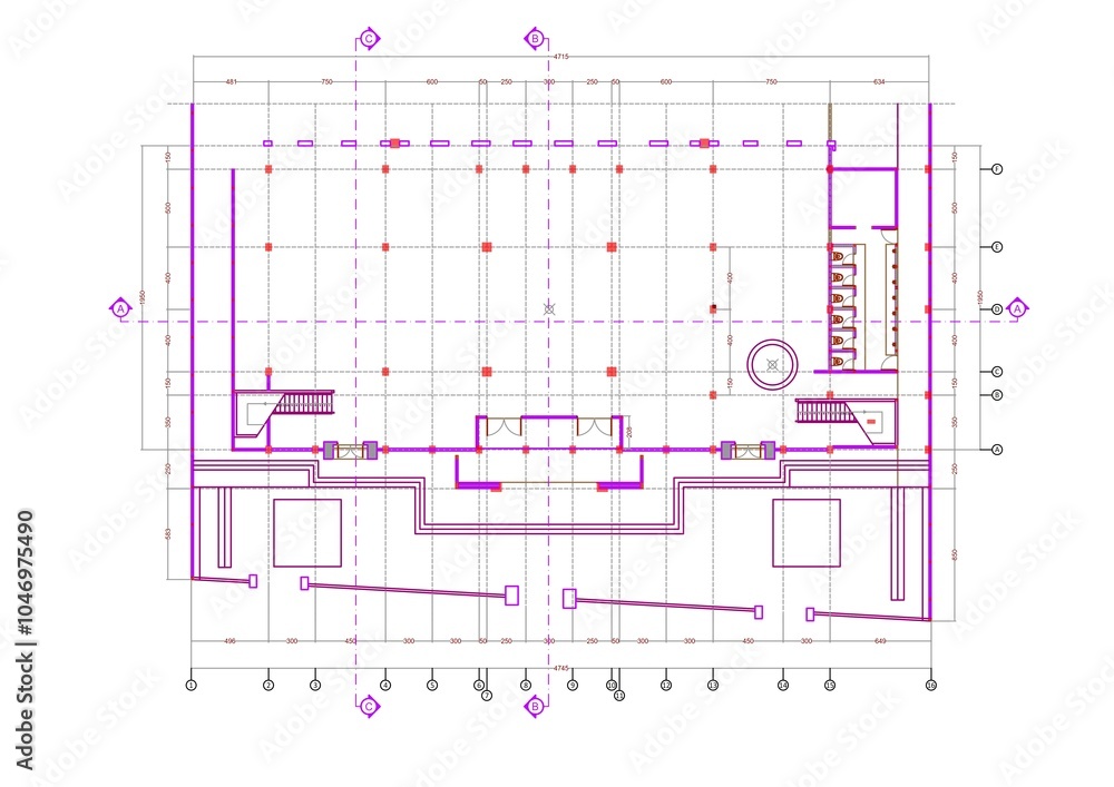 2D top-view floor plan of a mosque ground floor with detailed notations ...