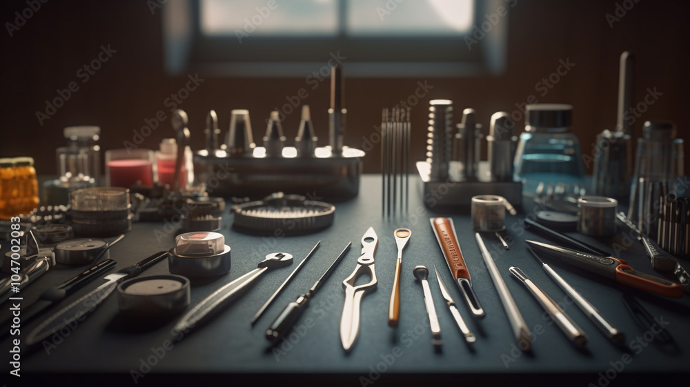 Cluttered art studio workspace with colorful bottles and tools during ...