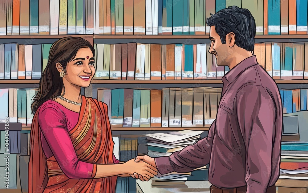 Create an emoji of a happy Indian student woman shaking hands with a ...