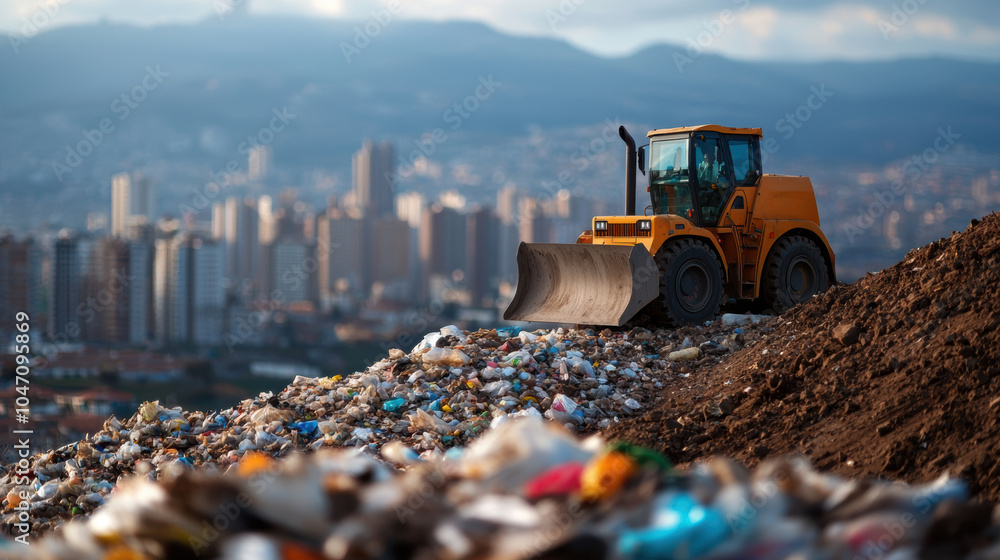 landfill overflowing with trash, showcasing yellow bulldozer working ...