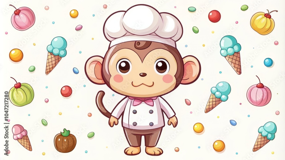 Adorable Little Monkey Dressed as Chef in Polka Dot Apron Preparing for ...