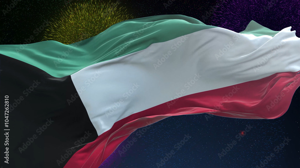 Kuwait flag - Waving flag on celebrating fireworks for national holiday ...
