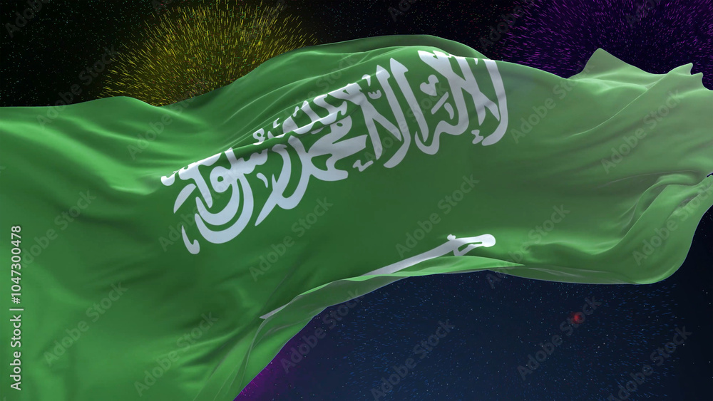 Saudi Arabia flag - Waving flag on celebrating fireworks for national ...