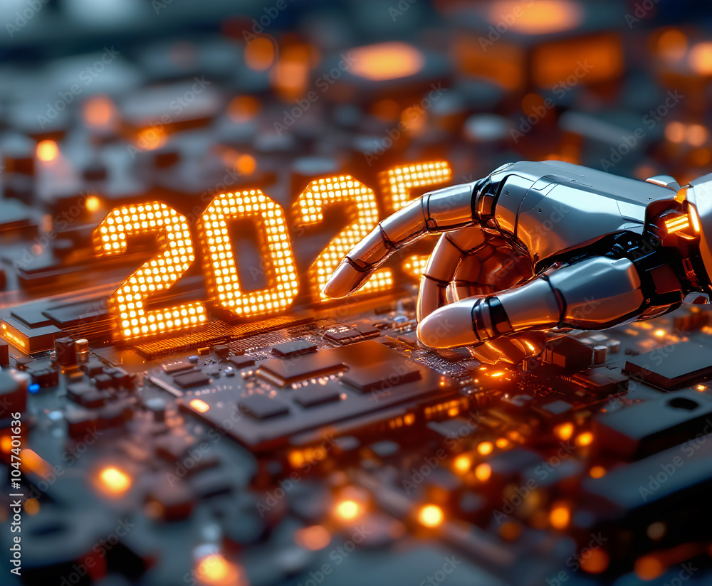 Futuristic robotic hand setting the year 2025 on a digital circuit ...