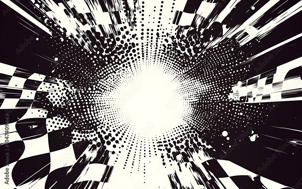 Abstract black and white checkered pattern with a dotted, swirling, and ...