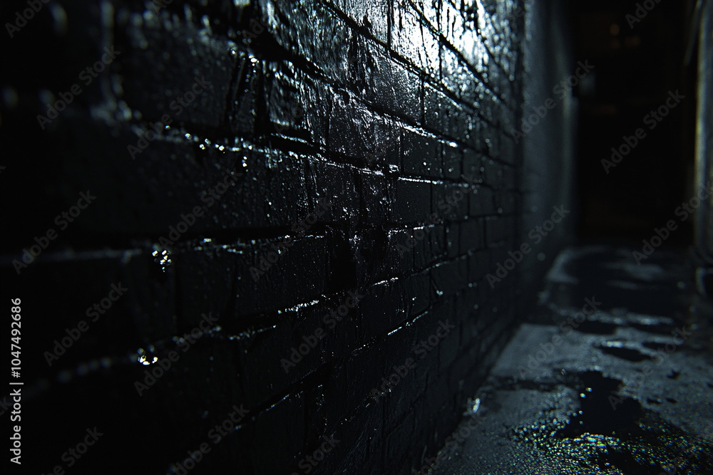 Dark alleyway with wet brick walls illuminated by minimal lighting creating a moody and eerie ...