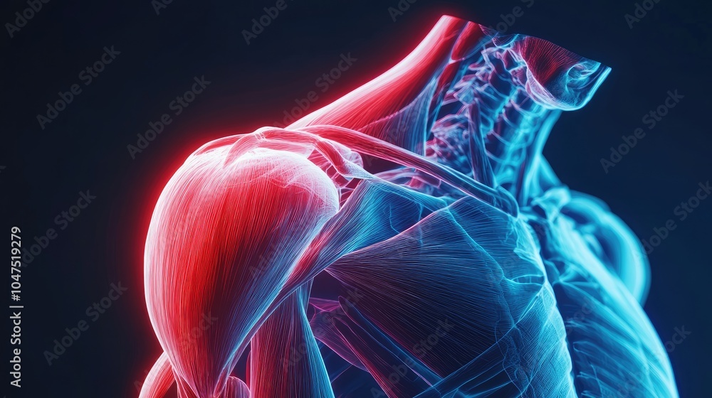 3D illustration of the human shoulder joint with muscles and ligaments ...