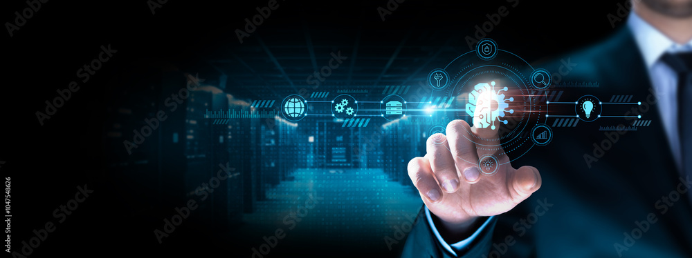 Machine Learning: Businessman pointing icon with algorithms, data ... Machine Learning: Businessman pointing icon with algorithms, data ...