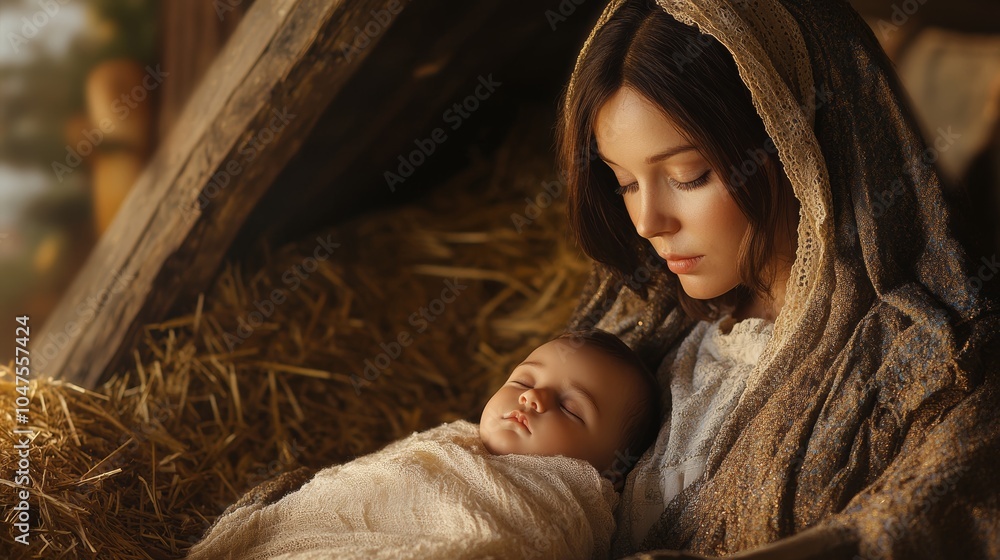 Bible Scene with Virgin Mary Baby Jesus in Stable, Traditional Nativity ...