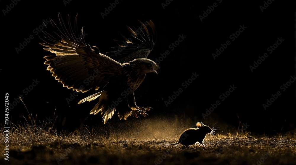 Eagle flying down toward a mouse in low-light environment. Silhouette ...