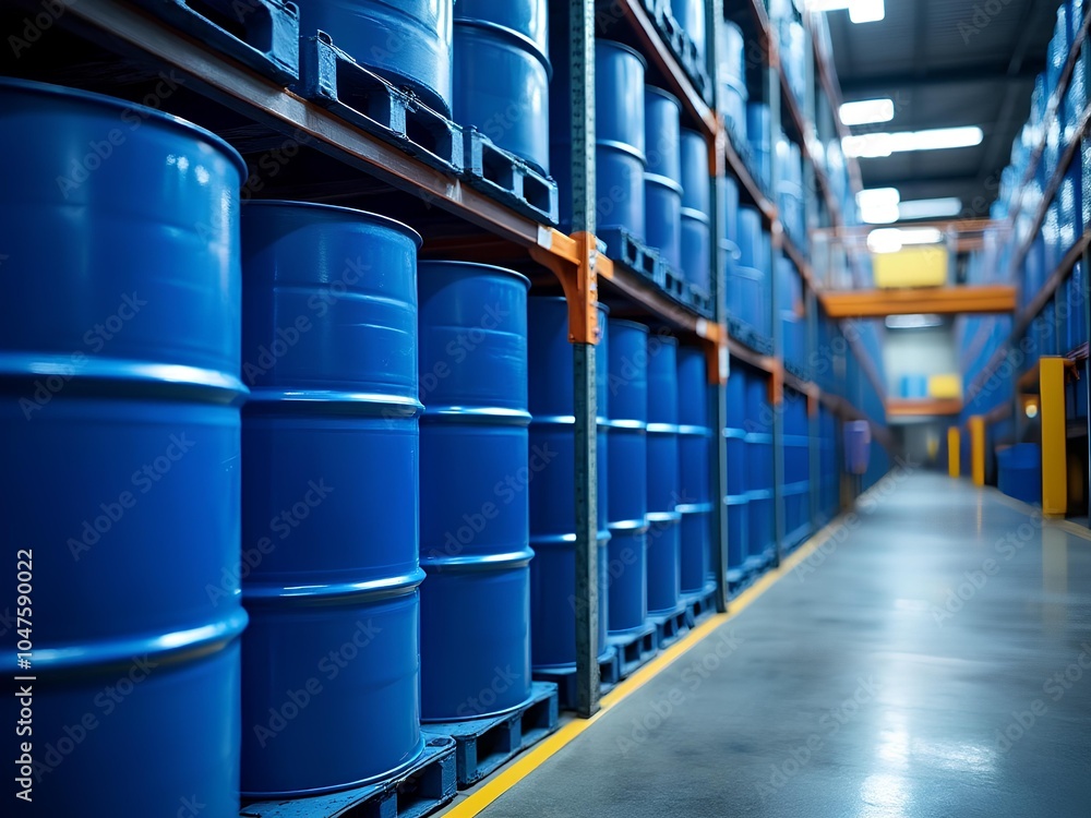 A warehouse filled with blue oil barrel Stock Photo | Adobe Stock