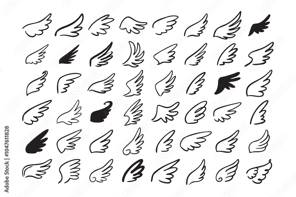 Doodle outline sketch angel wings. Angel feather wing, silhouette ...