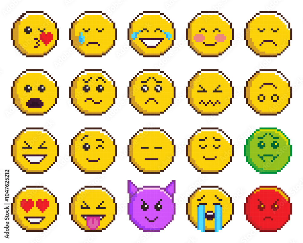 Pixel Art Emoji Collection, 8Bit Emoticon Face Set Stock Vector | Adobe ...