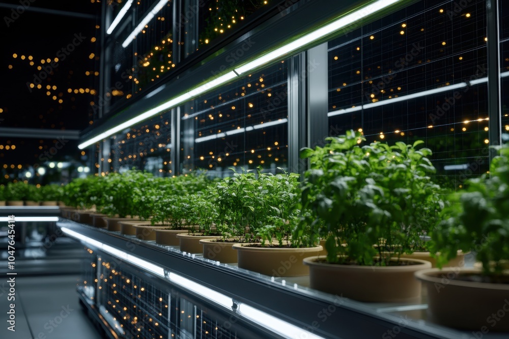 A modern indoor hydroponic farming setup, showcasing rows of thriving ...