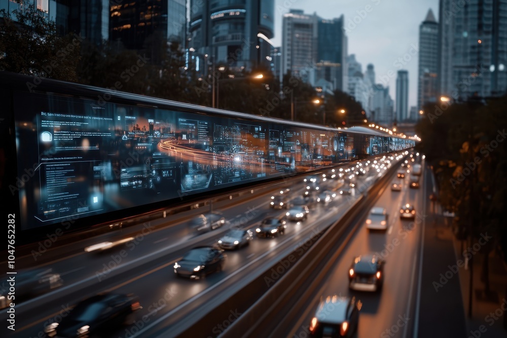 A modern city scene showing sophisticated digital panels displaying ...