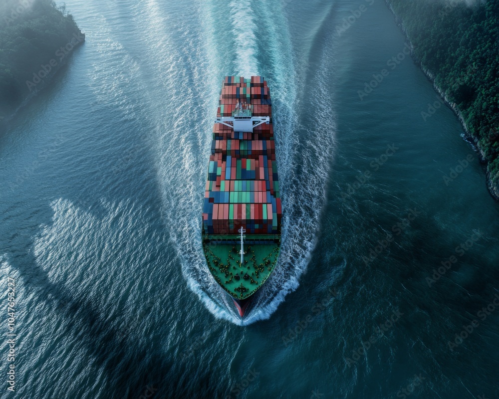 Aerial view of a large cargo ship sailing smoothly through the sea, a ...