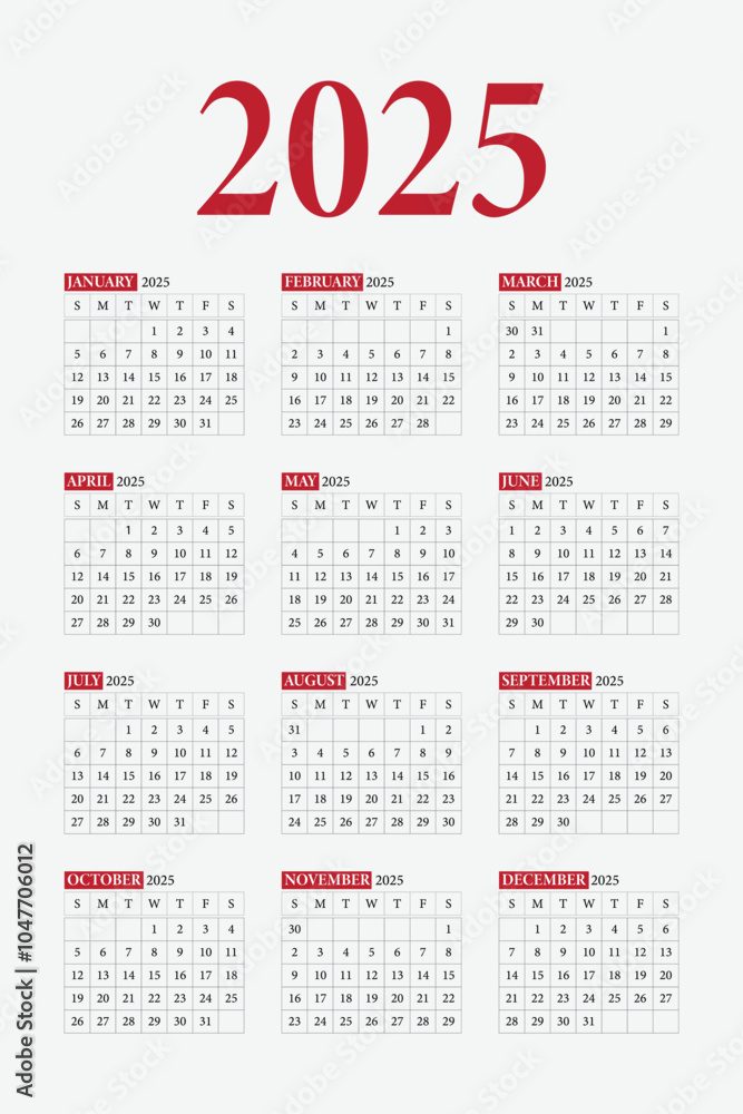 Calendar 2025, Calendar Set for 2025 year, Minimalist clean square ...