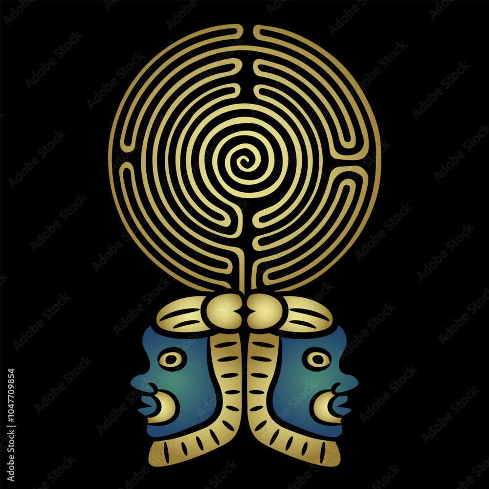 Ethnic Janiform design with two heads of ancient Egyptian god Bes ...