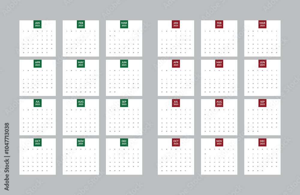 Calendar 2025, Calendar Set for 2025 year, Minimalist clean square ...