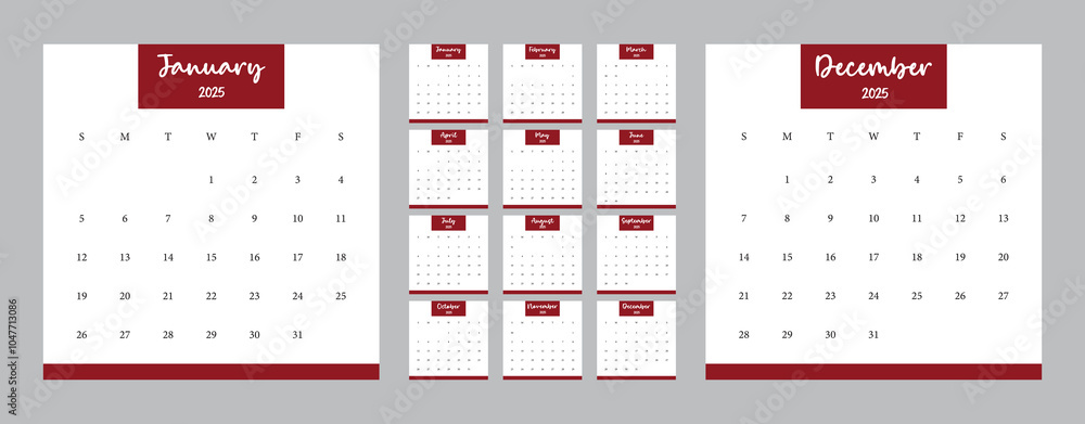 Calendar 2025, Calendar Set for 2025 year, Minimalist clean square ...