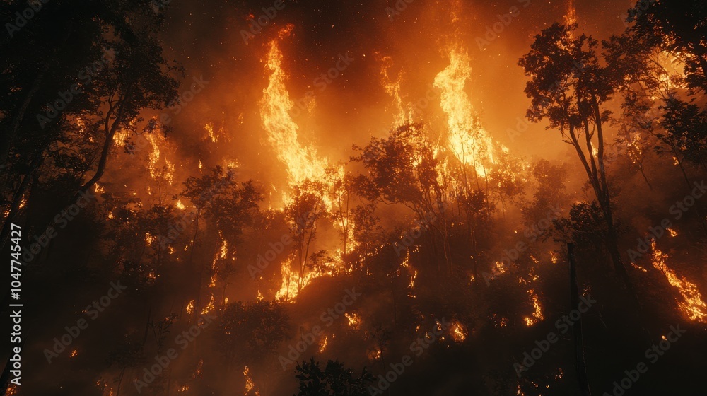 Raging wildfire burning through dense forest trees, with thick smoke filling the sky and bright ...